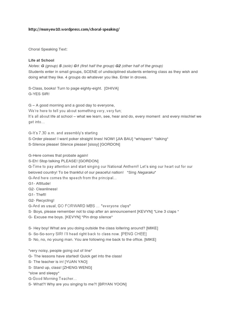 Life at School: Notes: G (Group) S (Solo) G1 (First Half The Group) G2 ...