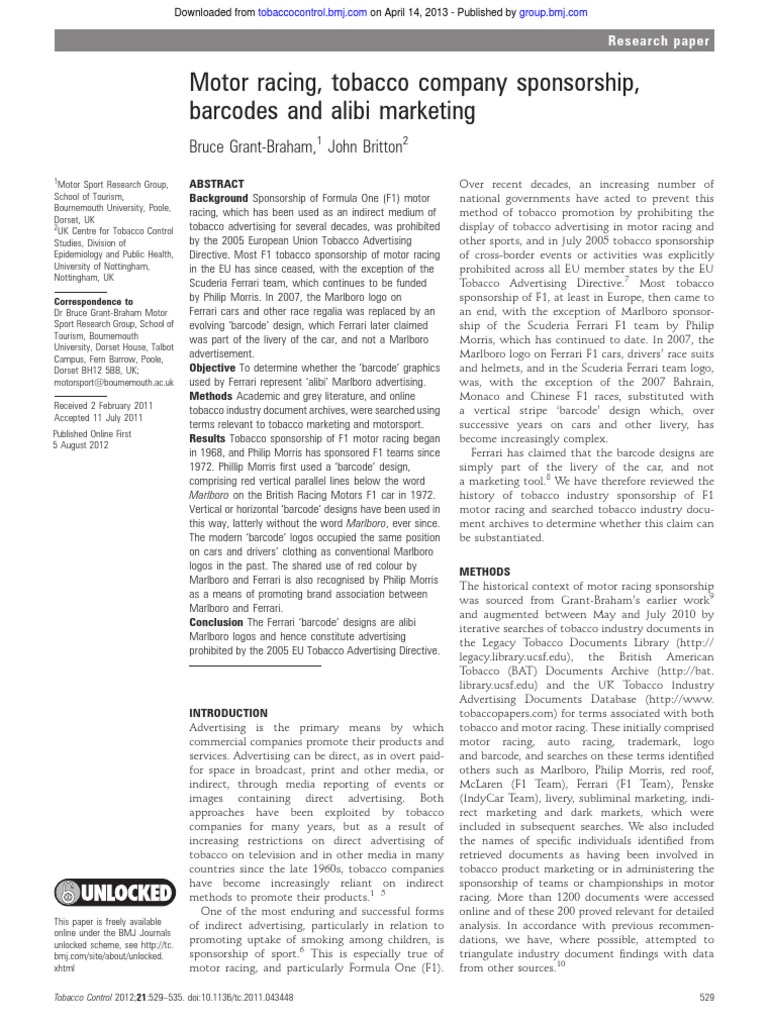 Motor Racing, Tobacco Company Sponsorship, Barcodes and Alibi Marketing ...