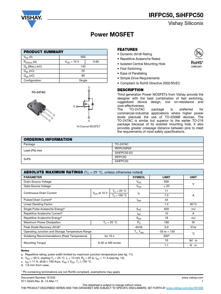 Irfpc50, Sihfpc50: Vishay Siliconix | PDF | Field Effect Transistor | Mosfet