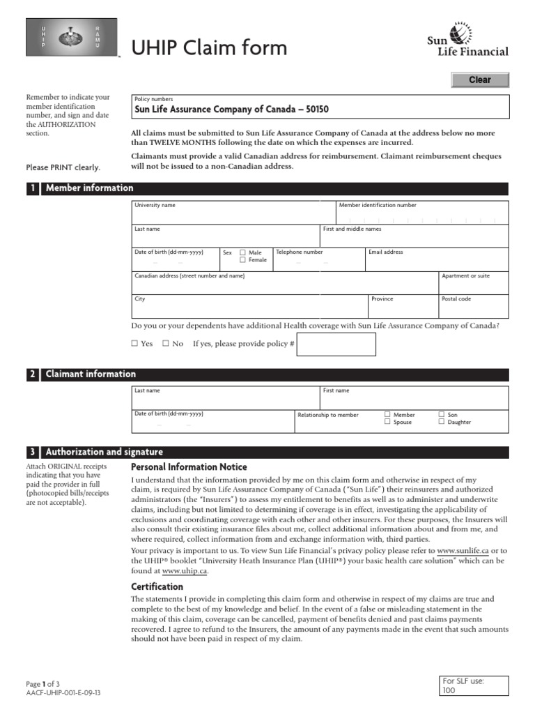 UHIP Claim Form: Sun Life Assurance Company of Canada - 50150 ...