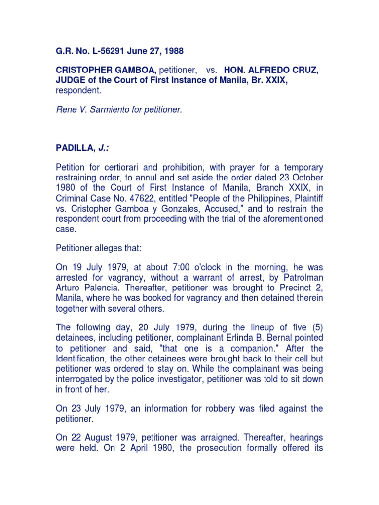 G.R. No. L-56291 June 27, 1988 Cristopher Gamboa, Petitioner, vs. Hon ...