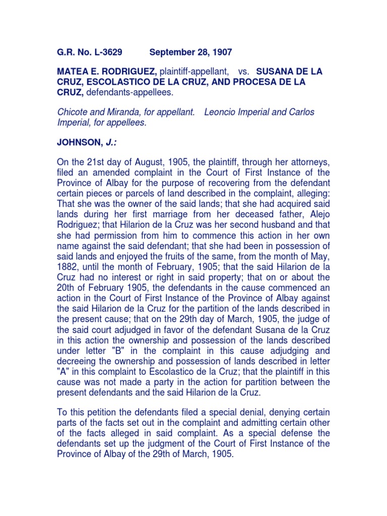 G.R. No. L-3629 September 28, 1907 MATEA E. RODRIGUEZ, Plaintiff ...