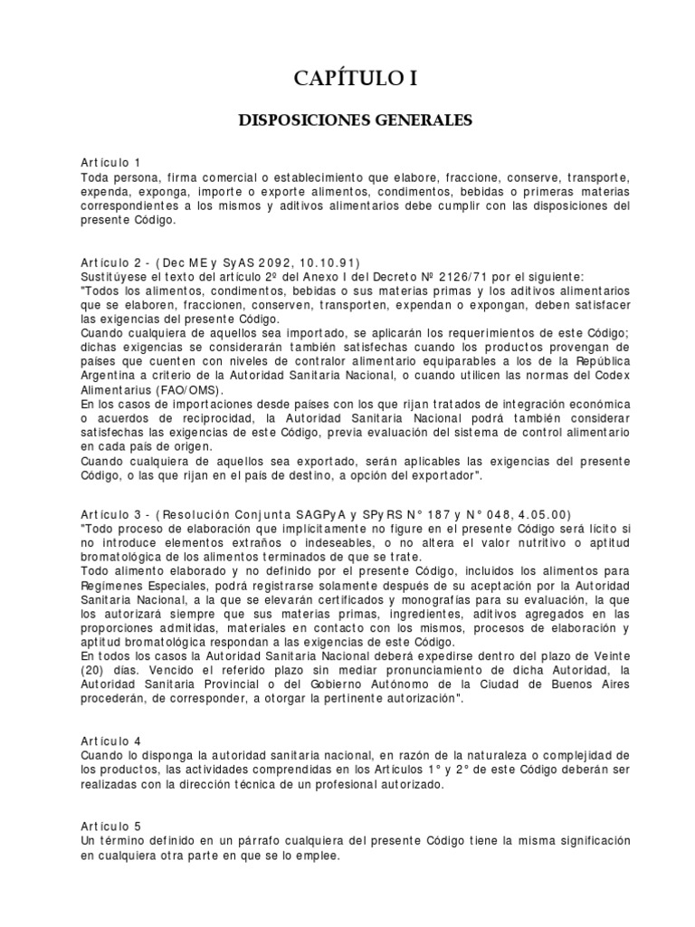 Resumen del Código Alimentario Argentino | PDF