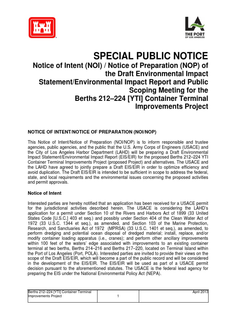 Special Public Notice: Notice of Intent/Notice of Preparation (Noi/Nop ...