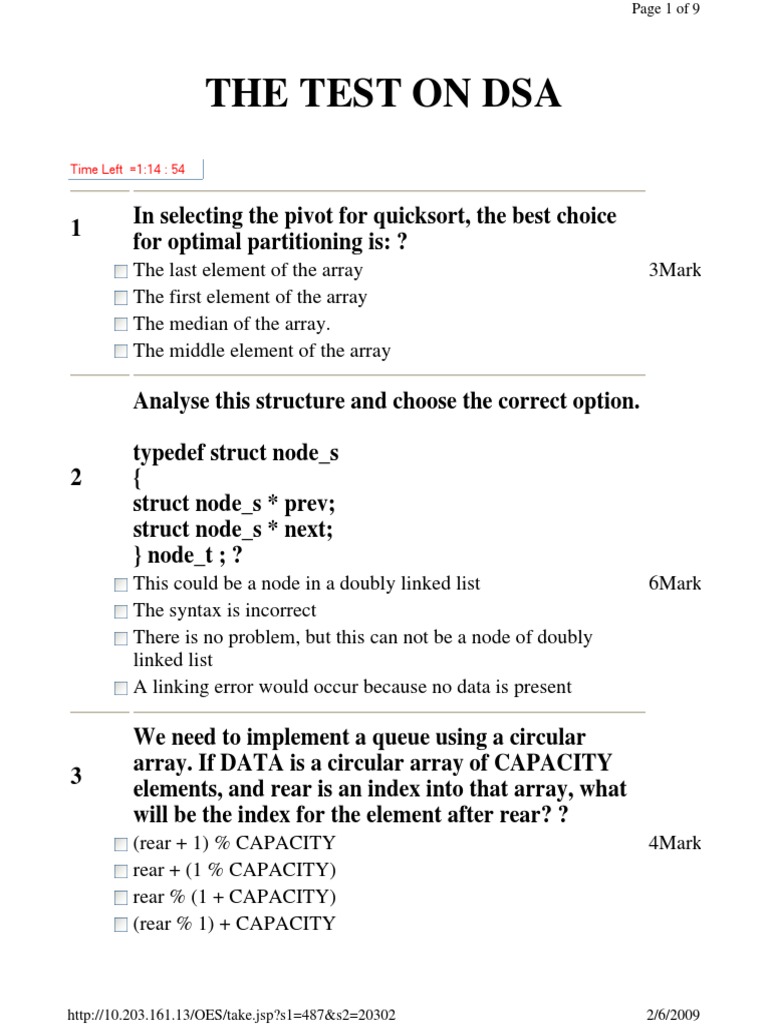 DSA Test on Pivot Choice, Linked Lists & Sorting Algorithms | PDF ...