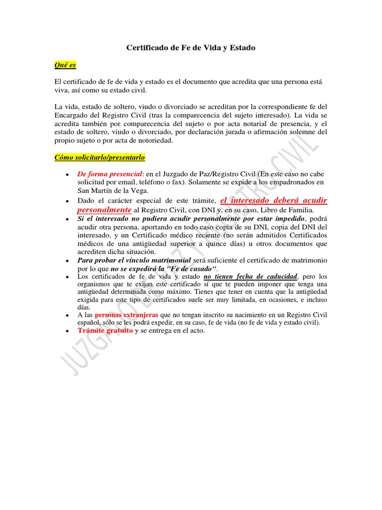 Certificado de Fe de Vida y Estado | PDF