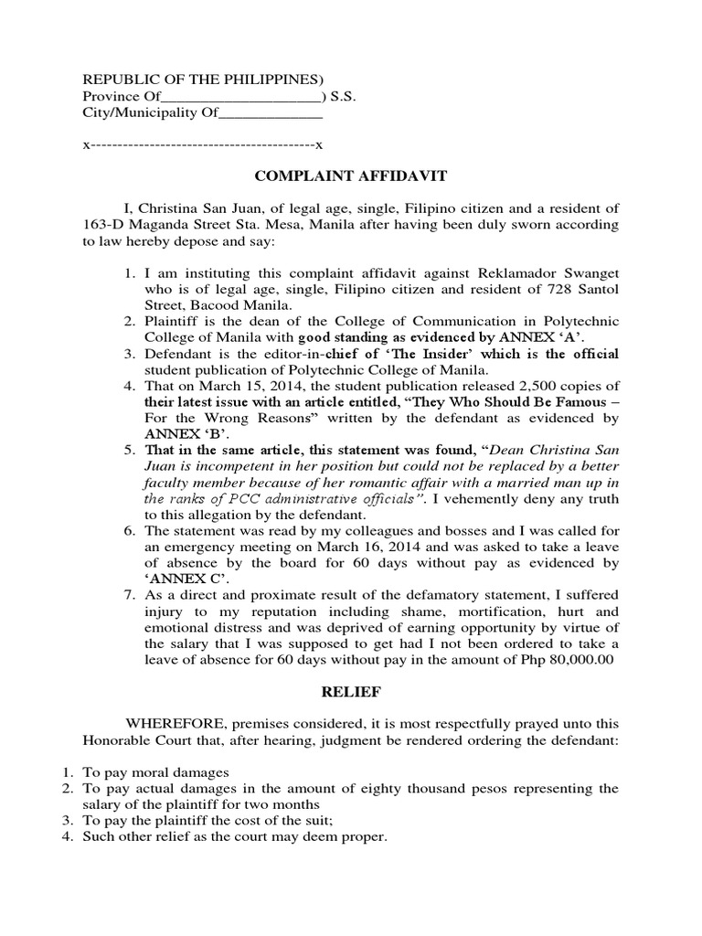 Sample complaint | Manila | Plaintiff