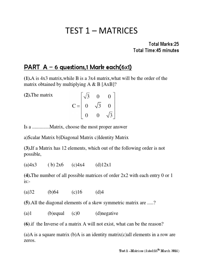 Test 1 - Matrices: PART A - 6 Questions, 1 Mark Each (6x1) | PDF ...