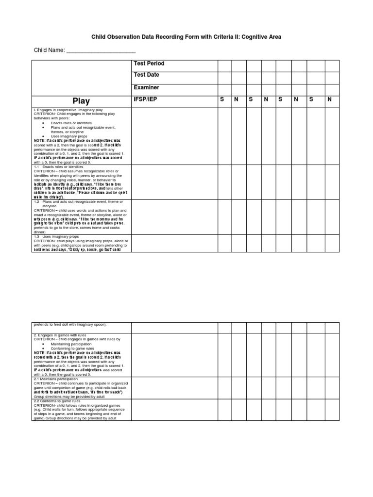 Child Observation Data Recording Form With Criteria II | PDF ...