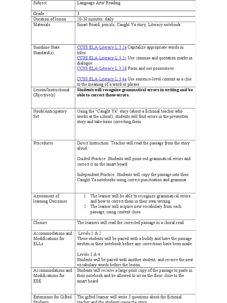 Caught Ya Grammar Lesson Plan | PDF | Language Arts & Discipline