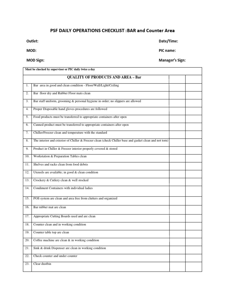 Daily Bar Operations Checklist | PDF | Tableware | Bar