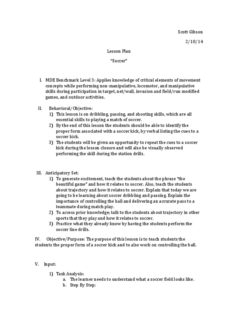 Middle School Soccer Lesson Plan | PDF | Lesson Plan | Association Football