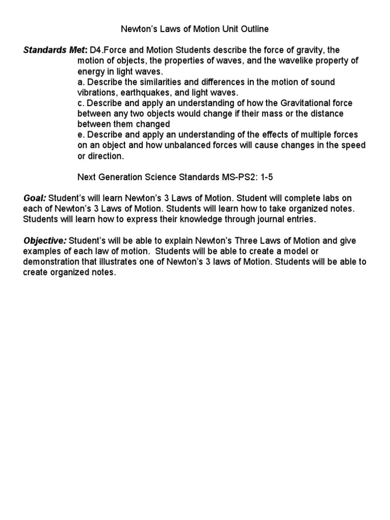 Newtons Laws of Motion Unit Outline | PDF | Gravity | Force