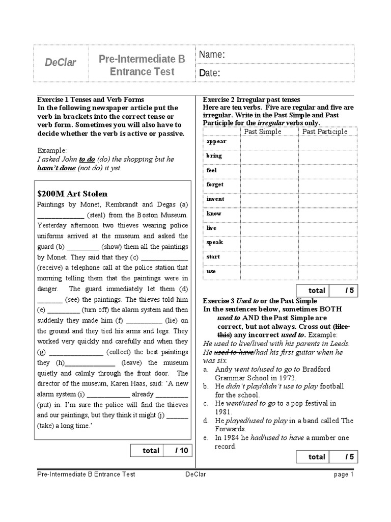Declar: Pre-Intermediate B Entrance Test | PDF | Grammatical Tense ...