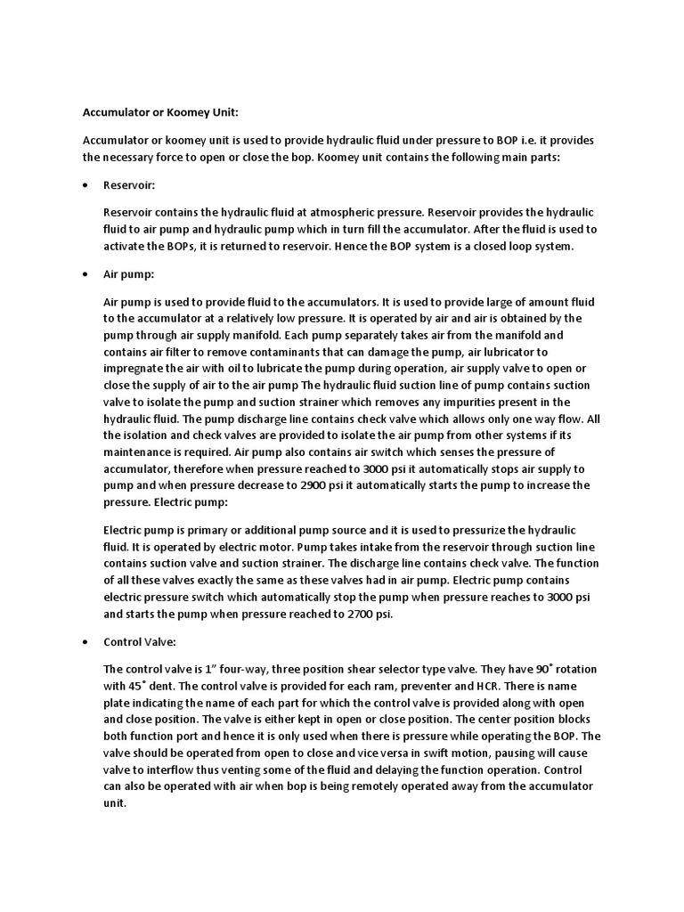 Accumulator or Koomey Unit | PDF | Pump | Valve