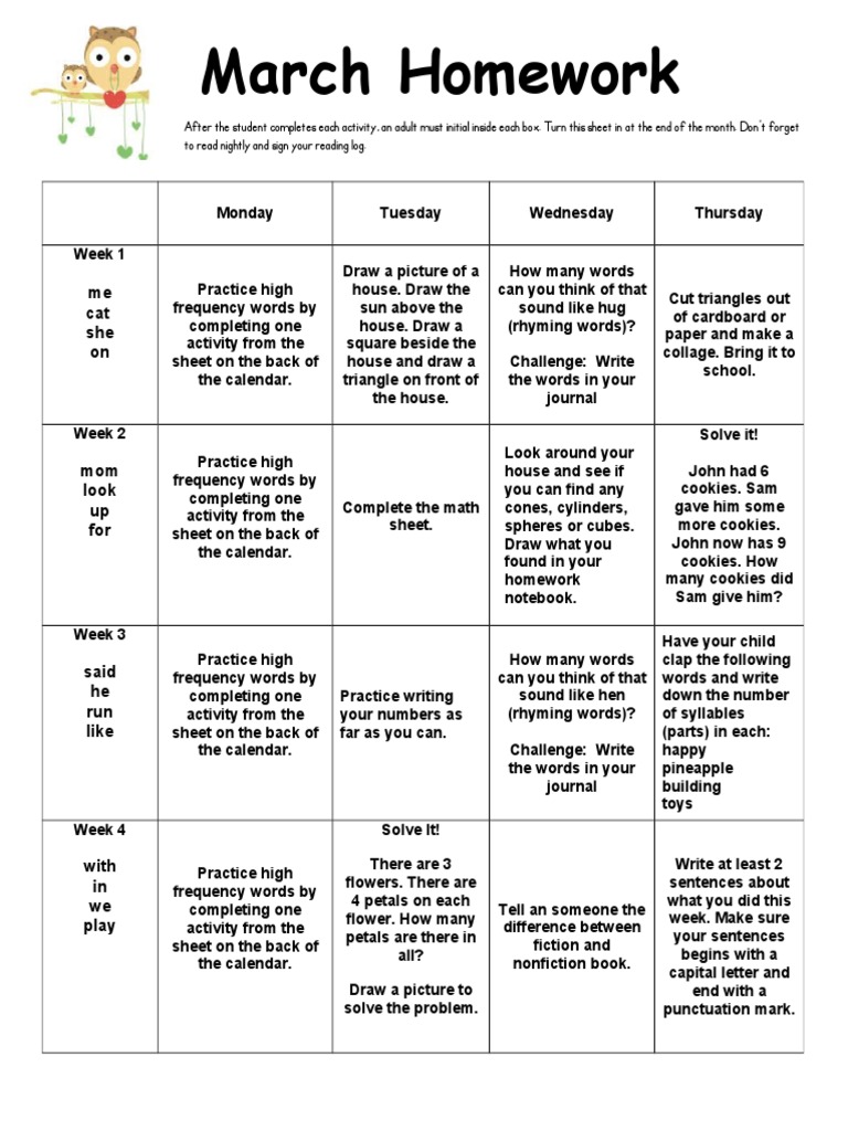 March Homework Activities Calendar | PDF