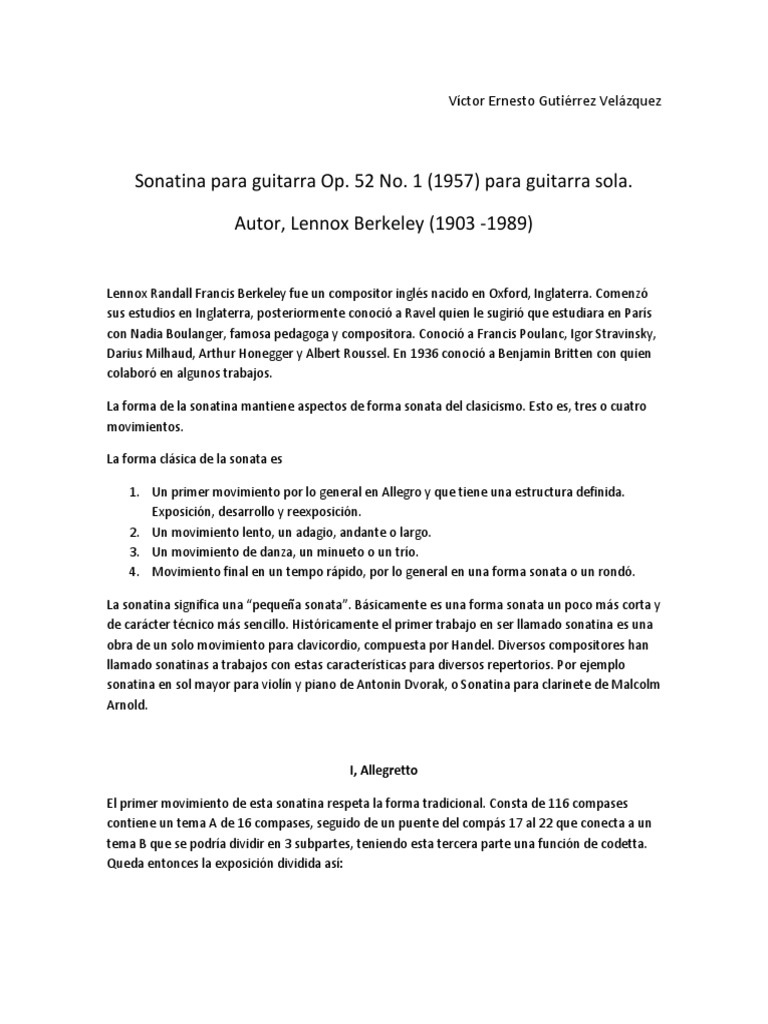 Sonatina For Guitar, Lennox Berkeley | PDF | Sonata | Formas musicales