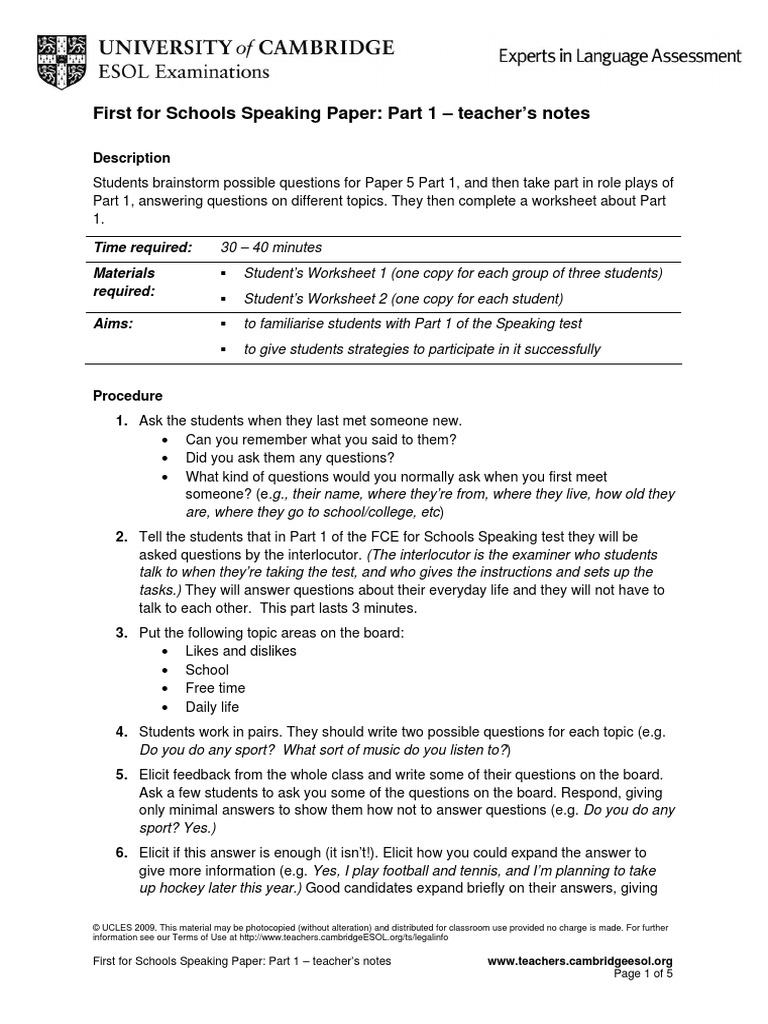 Fce For Schools Speaking Part1 | PDF | Test (Assessment) | Educational ...