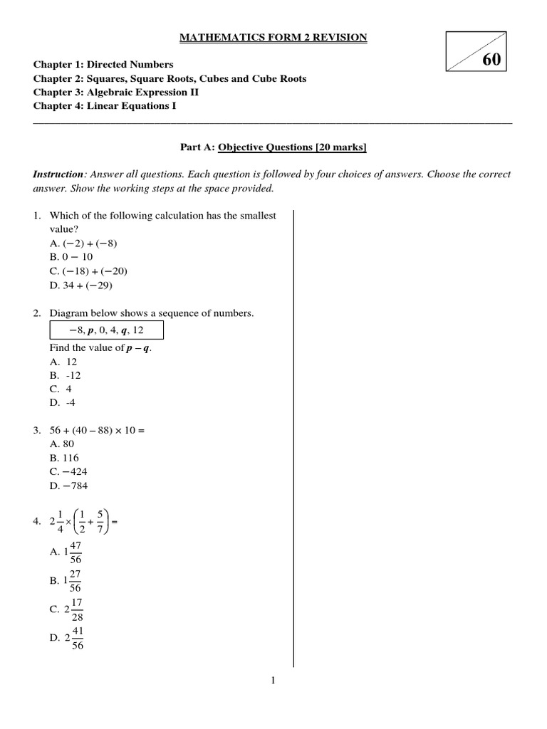 Mathematics Form 2 Revision Pdf Area Equations