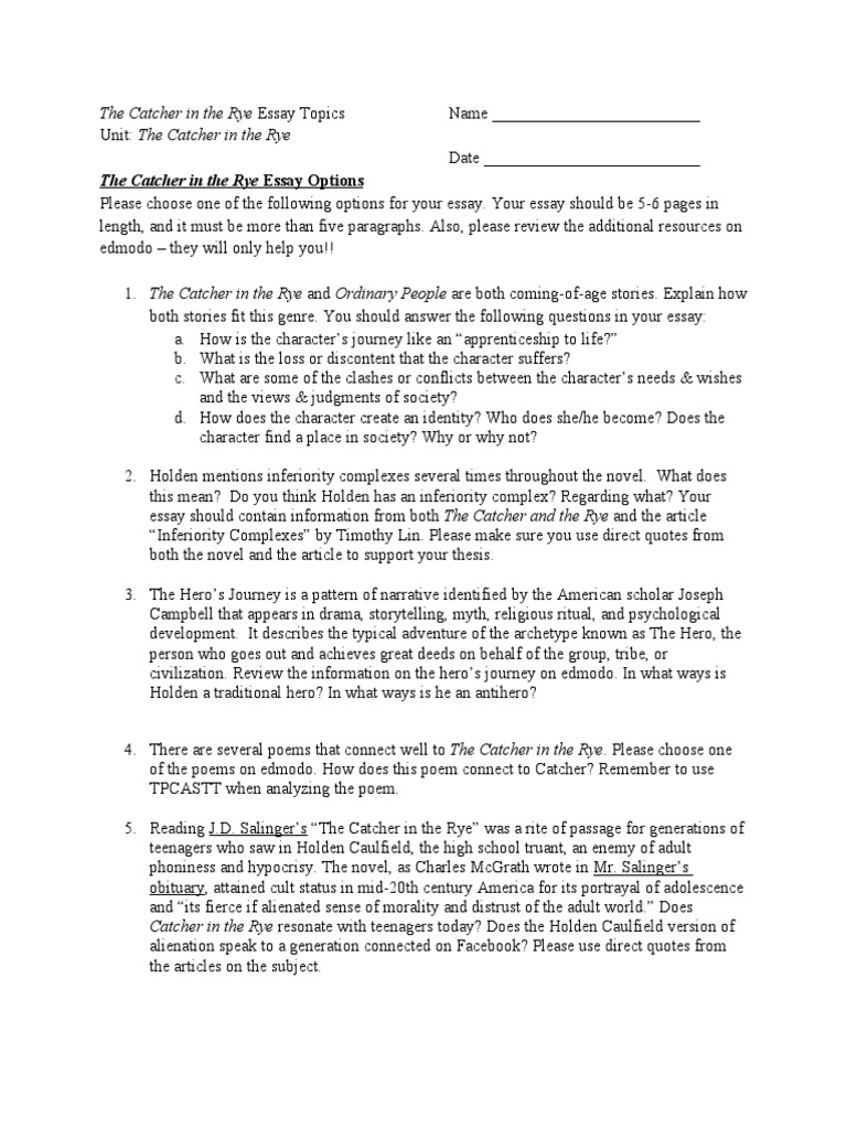Catcher in the Rye Essay Prompts | PDF | Poetry