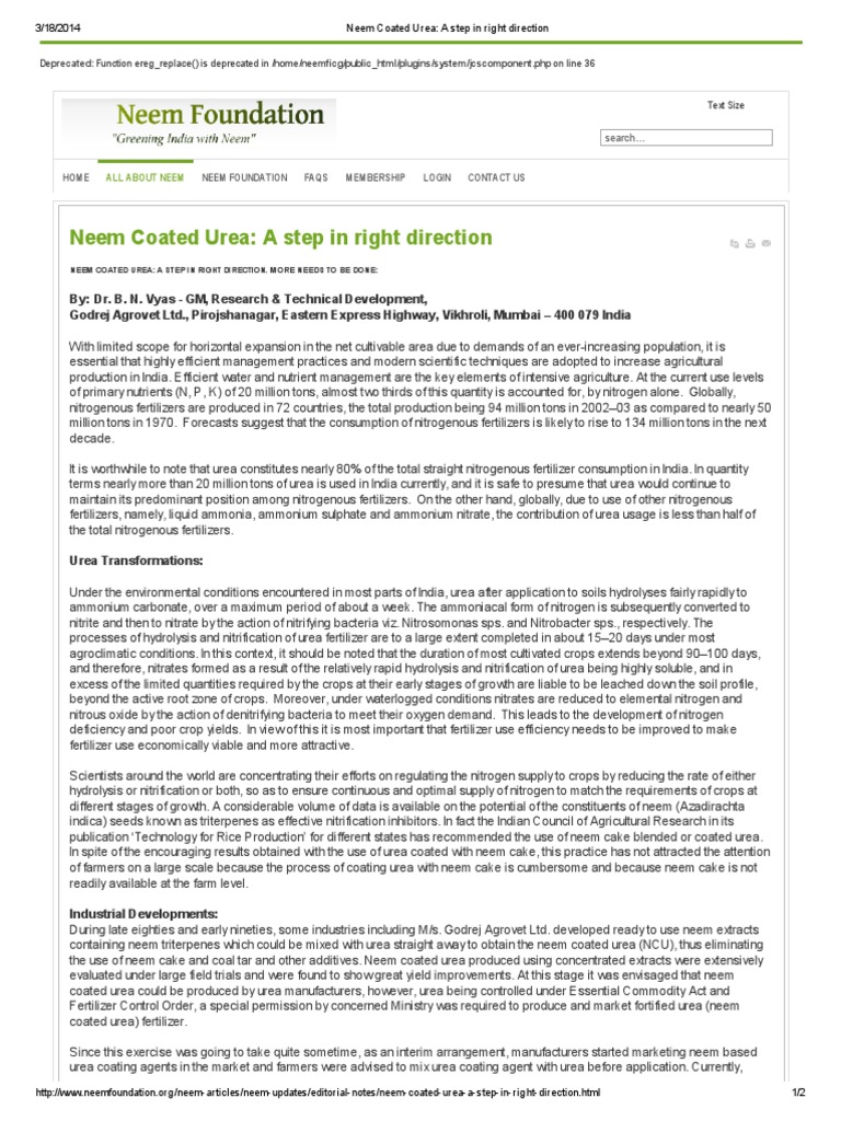Neem Coated Urea - A Step in Right Direction | PDF | Fertilizer | Nitrogen