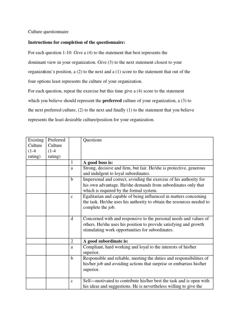 Culture Questionnaire | PDF | Power (Social And Political) | Motivation