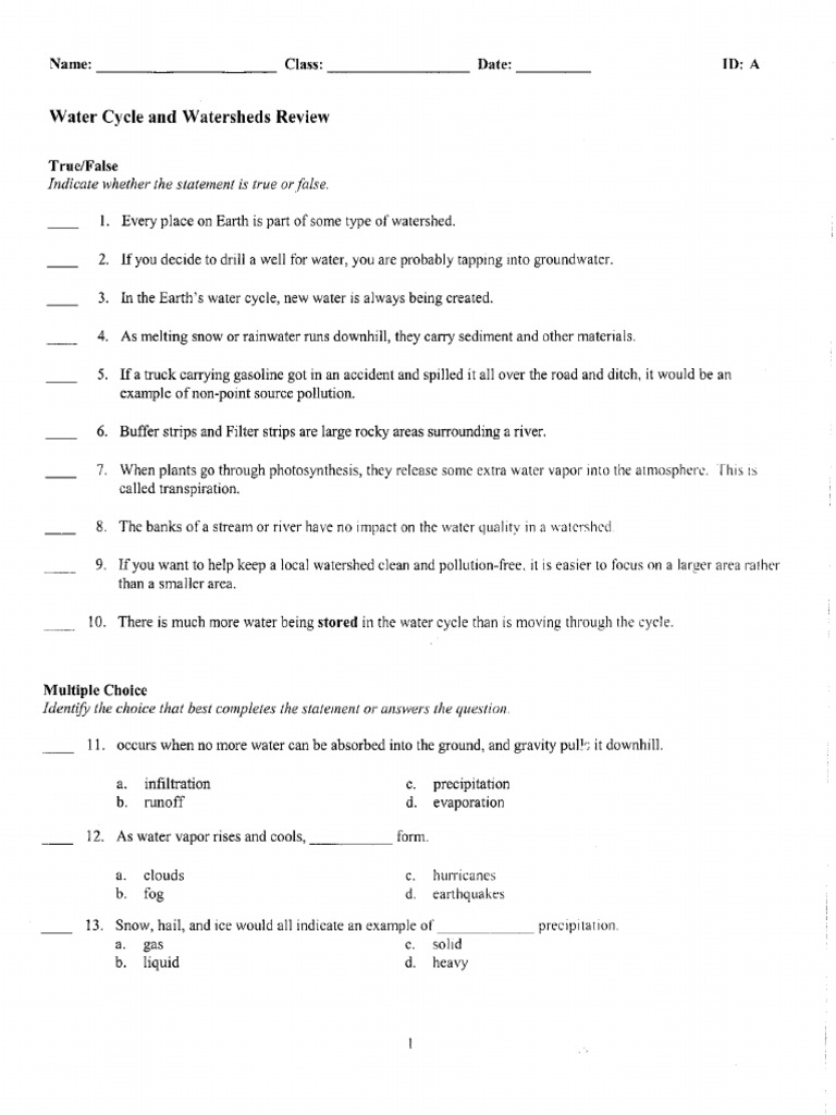 Water Cycle - Watersheds Review Sheet | PDF
