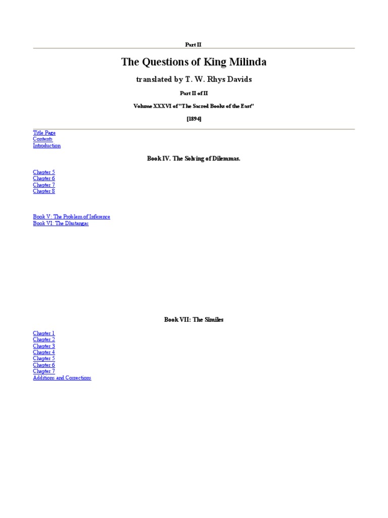 MilindaPanha TheQuestionsOfKingMilindaByT.W.rhysDavids Part II | PDF ...