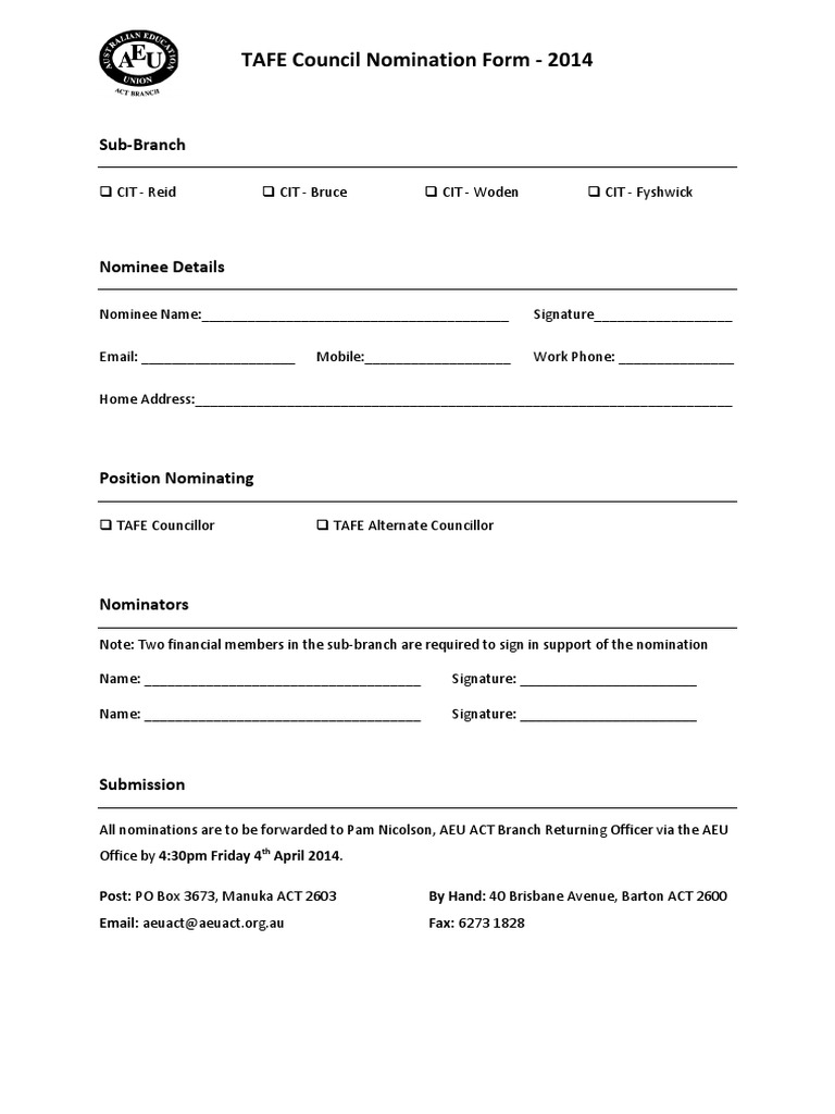 TAFE Council Nomination Form 2014 | PDF | Finance & Money Management