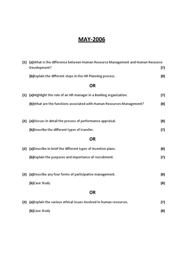 Question Papers HRM | Human Resource Management | Performance Appraisal