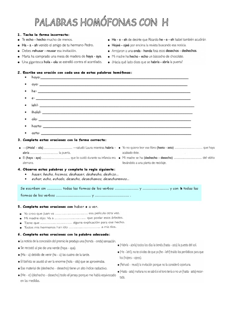 Hoja De Trabajo De Homófonos, Sexto Grado