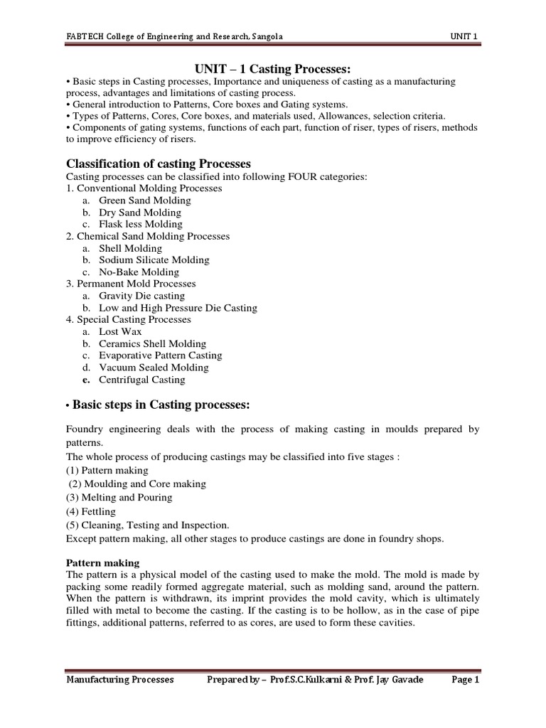 Unit 1 Notes | PDF | Casting (Metalworking) | Foundry