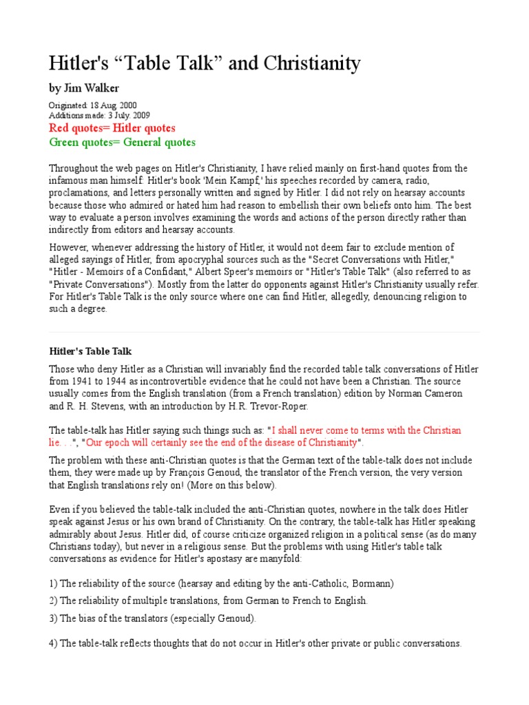 Hitlers and Christianity Table Talks Debunked | PDF | Religious ...