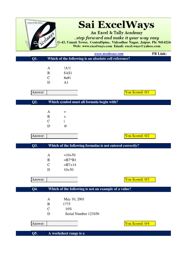 ExcelWays MS-Excel MCQ Set 1 | PDF | Microsoft Excel | Software