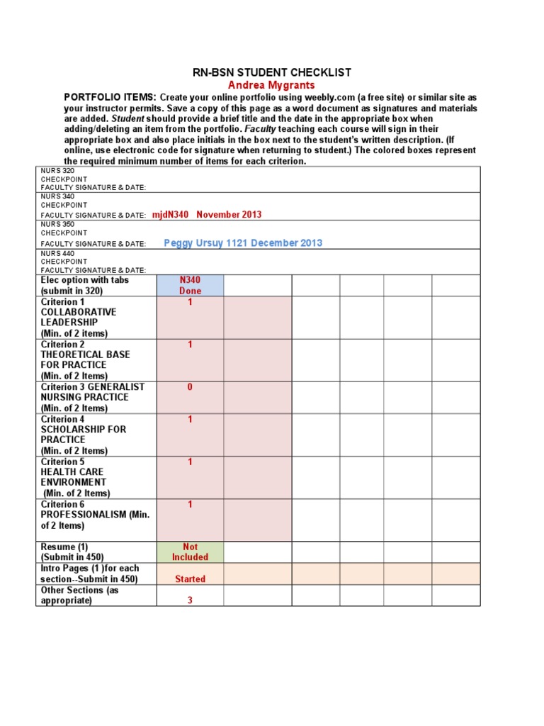 RN-BSN Student Portfolio Checklist | PDF