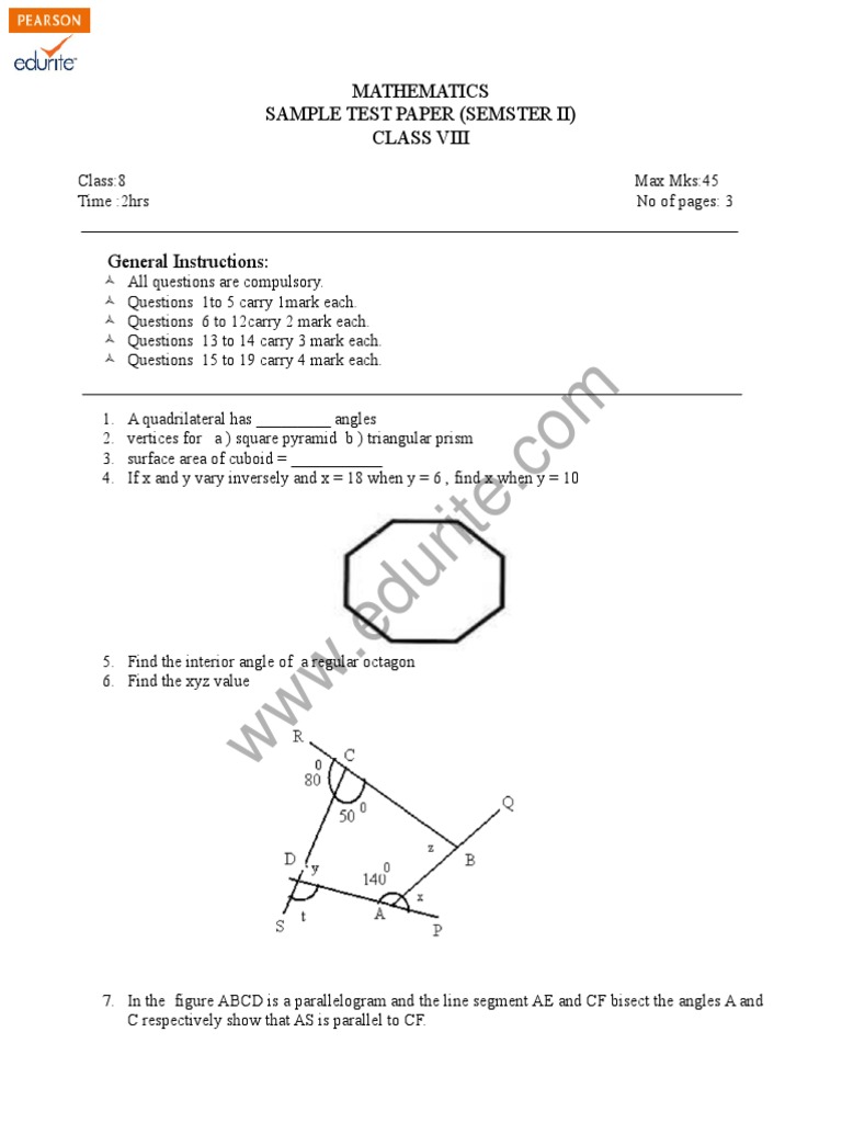 Class 8 Cbse Maths Sample Paper Term 2 Model 1 | PDF