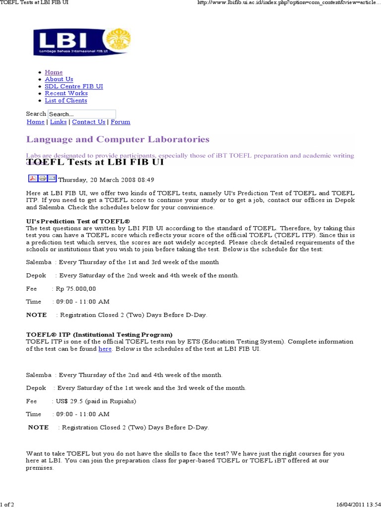 TOEFL Tests at Lbi Fib Ui | PDF | Test Of English As A Foreign Language ...