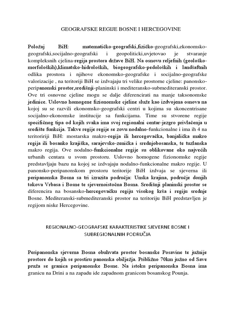 Geografske Regije Bosne I Hercegovine | PDF