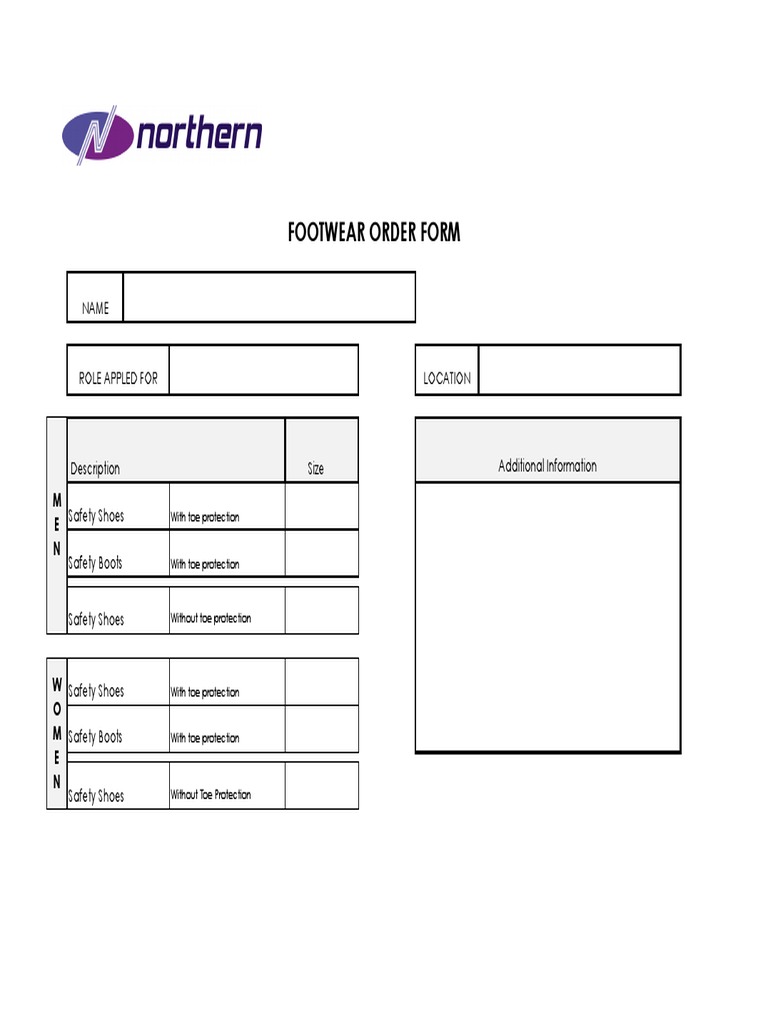 Footwear Order Form: M E N N | PDF