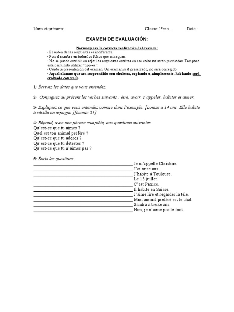 EXAMEN FRANCES 1º ESO-1 | PDF