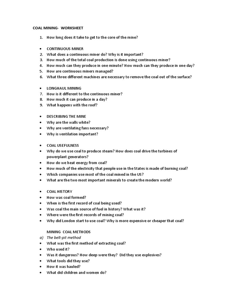 Coal Mining Worksheet | PDF | Coal Mining | Coal