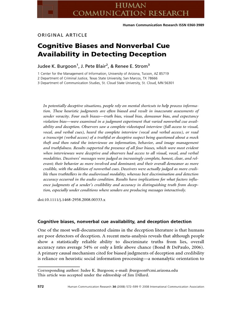 Cognitive Biases And Nonverbal Cue Availability In Detecting Deception Pdf Deception