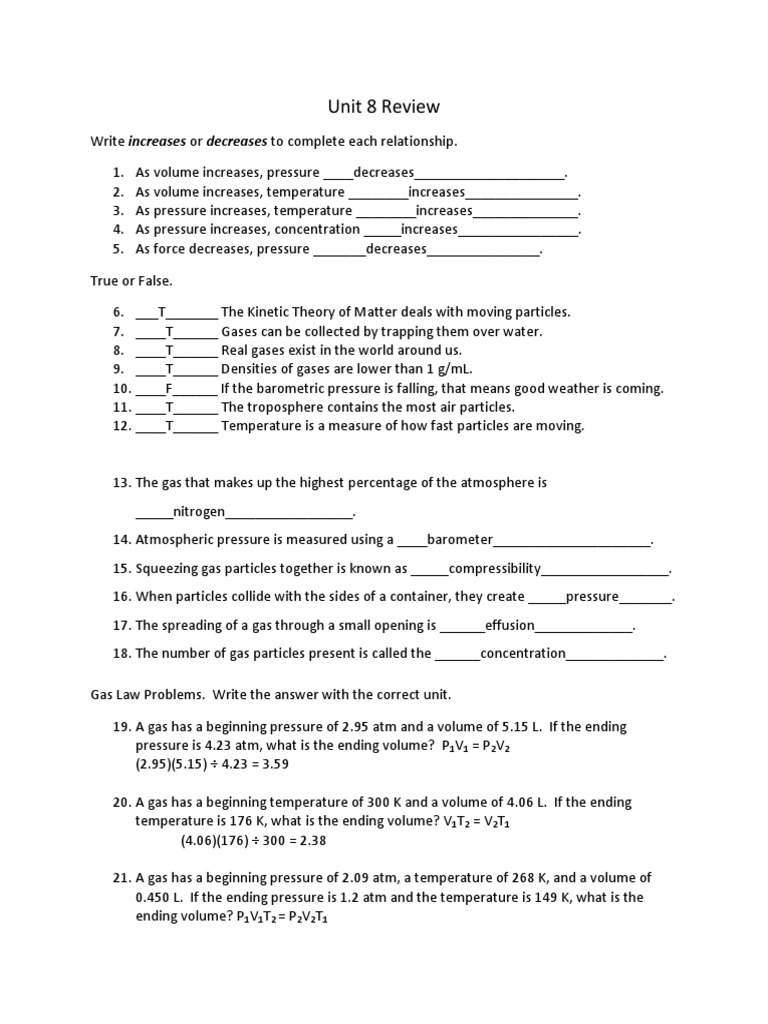Unit 8 Review Answers | PDF | Gases | Atmospheric Pressure