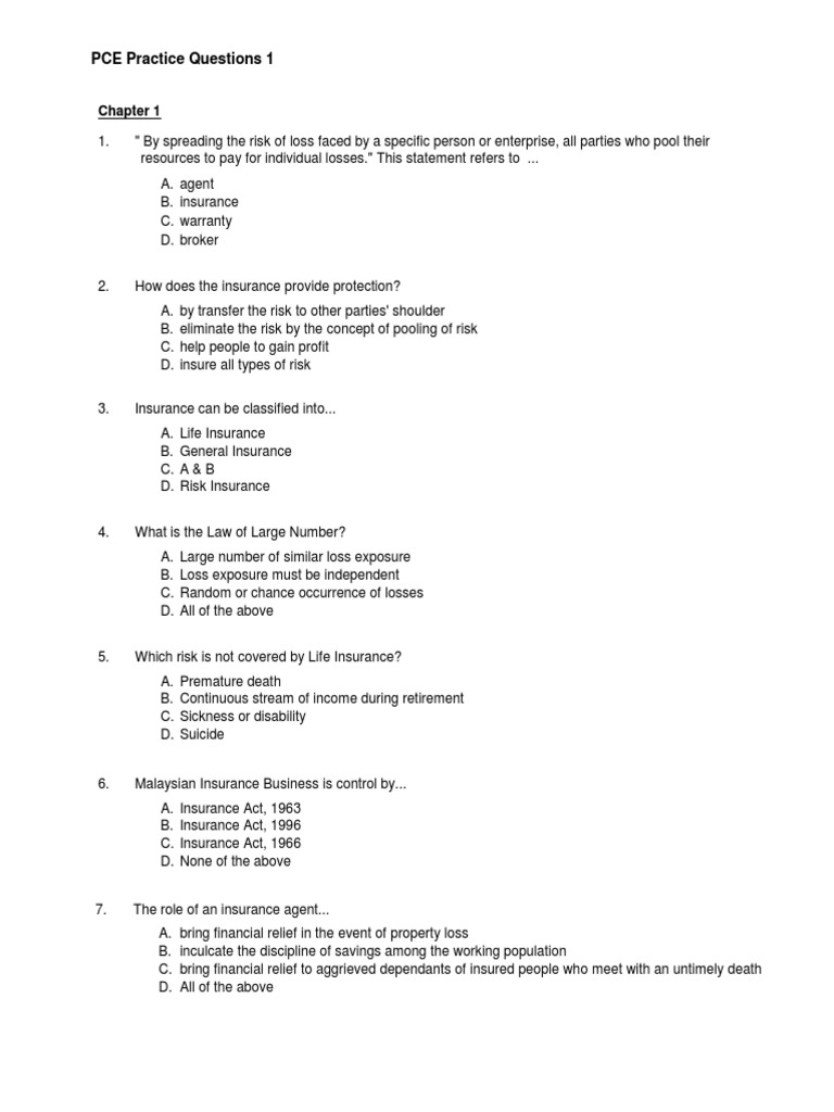 PCE Insurance Exam Practice Questions | PDF | Insurance | Life Insurance