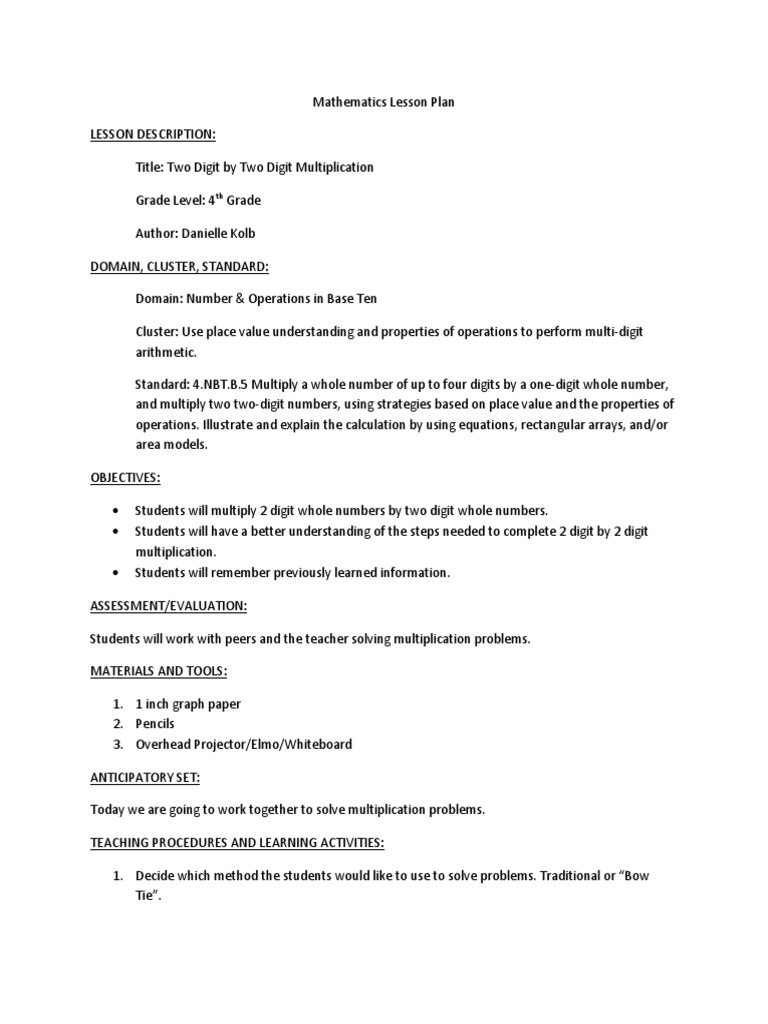 Mathematics Lesson Plan 4th Grade | PDF | Lesson Plan | Multiplication