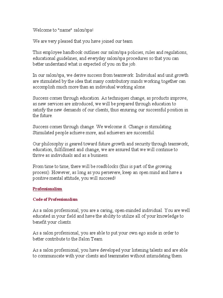 Spa Handbook | Download Free PDF | Employment | Retail