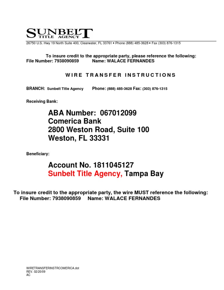 Wire Transfer Instructions - Comerica | PDF