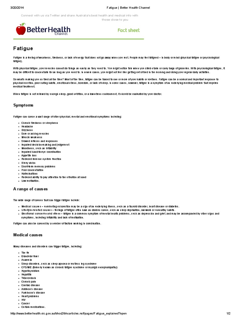 Fatigue - Better Health Channel | PDF | Fatigue (Medical) | Chronic ...