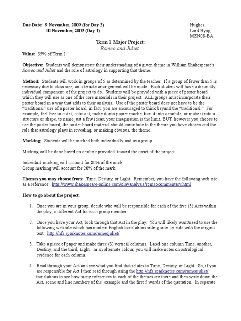 Romeo - Juliet Major Project | PDF | Rubric (Academic) | Astrology