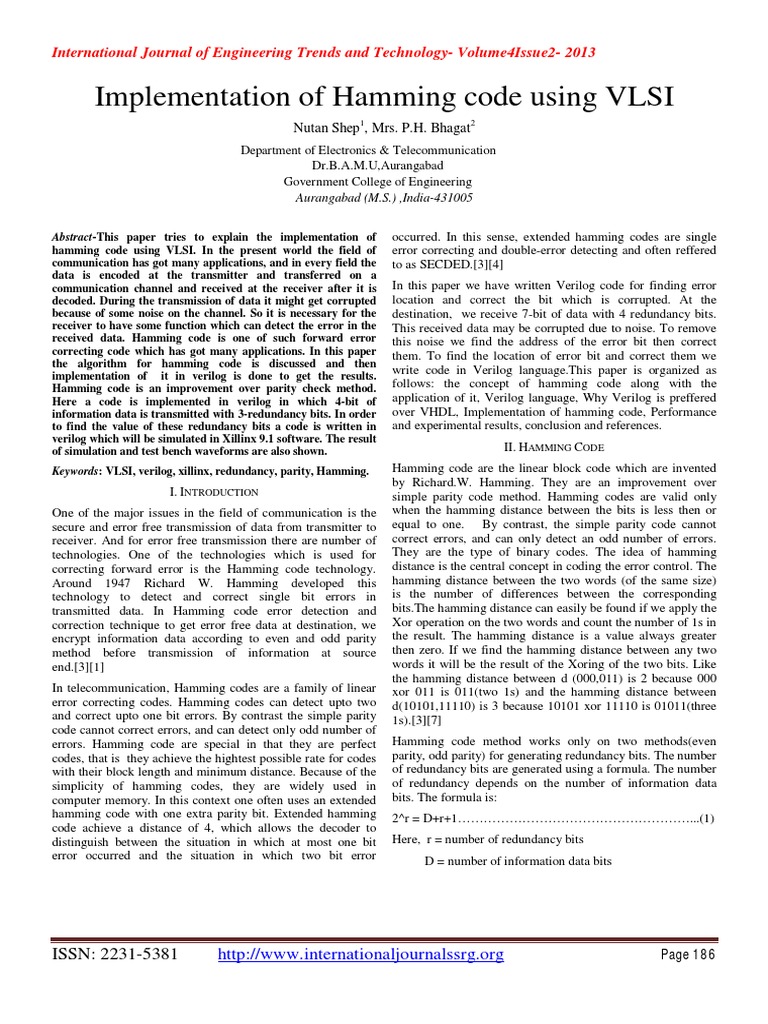 Implementation of Hamming Code Using VLSI: Detecting and Correcting Errors in Data Transmission ...